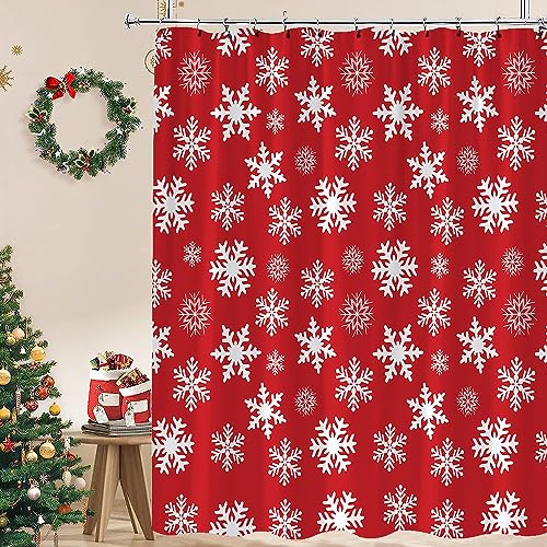 JJYPPY Merry Christmas Snowflake Shower Curtain Red White Snowflake Xmas Snowflakes Winter Holiday New Year Fabric Bath Curtain Set with Hook