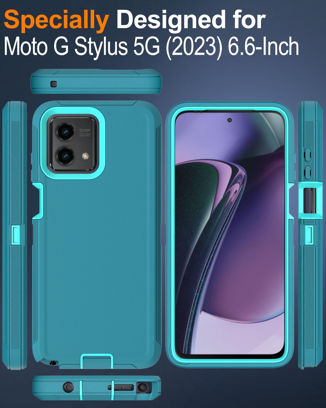 Aliruke for Motorola Moto G Stylus 5G(2023) Phone Case, with Screen Protector, Dust-Proof Port Cover, Full-Body Non-Slip Silicone Rubber Covered, Military Grade Drop-Proof Shockproof, Mint/Teal