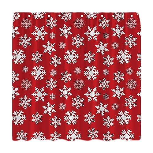 JJYPPY Merry Christmas Snowflake Shower Curtain Red White Snowflake Xmas Snowflakes Winter Holiday New Year Fabric Bath Curtain Set with Hook