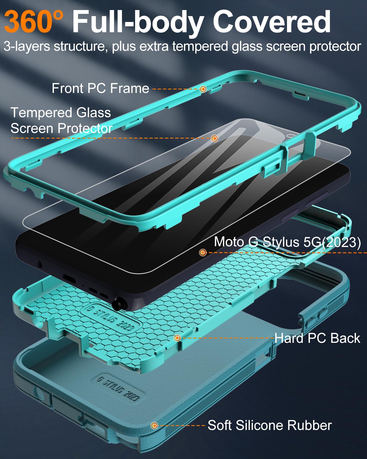 Aliruke for Motorola Moto G Stylus 5G(2023) Phone Case, with Screen Protector, Dust-Proof Port Cover, Full-Body Non-Slip Silicone Rubber Covered, Military Grade Drop-Proof Shockproof, Mint/Teal