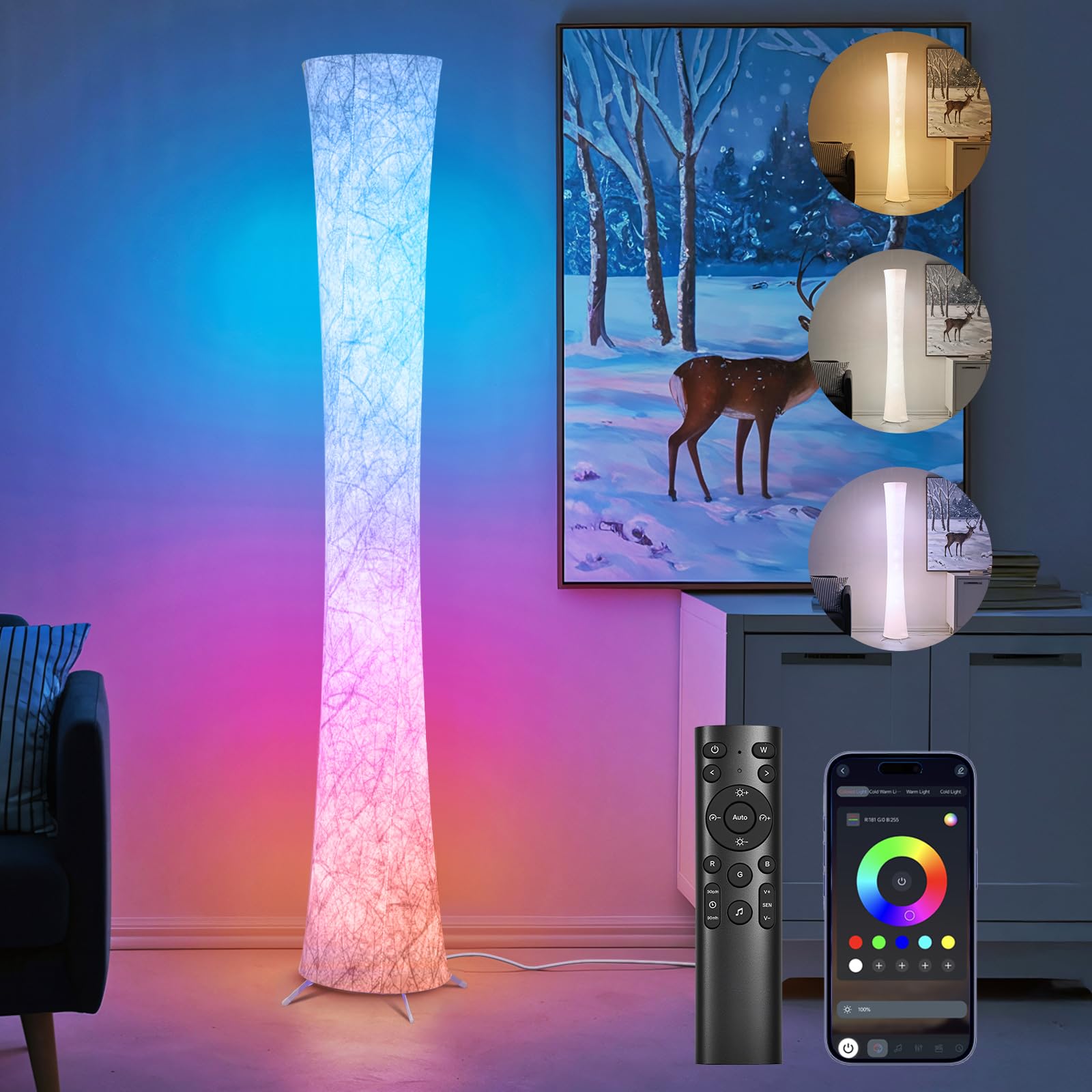 WORLD WIN Floor Lamps for Living Room, Smart Led Lamp RGB Color Changing with APP & Remote Control, 62 Inch DIY Mode Music Sync Standing Modern Corner Lamp Decor for Living Room Bedroom Game, 1 Piece