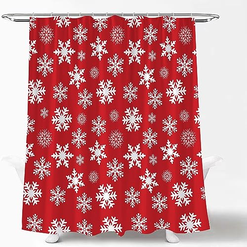 JJYPPY Merry Christmas Snowflake Shower Curtain Red White Snowflake Xmas Snowflakes Winter Holiday New Year Fabric Bath Curtain Set with Hook