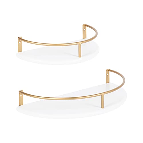 Kate and Laurel Camryn Boho Half Moon Wall Shelf Set, Set of 2, White and Gold, Decorative Bohemian Half Circle Shelf for Household Storage and Boho Decor