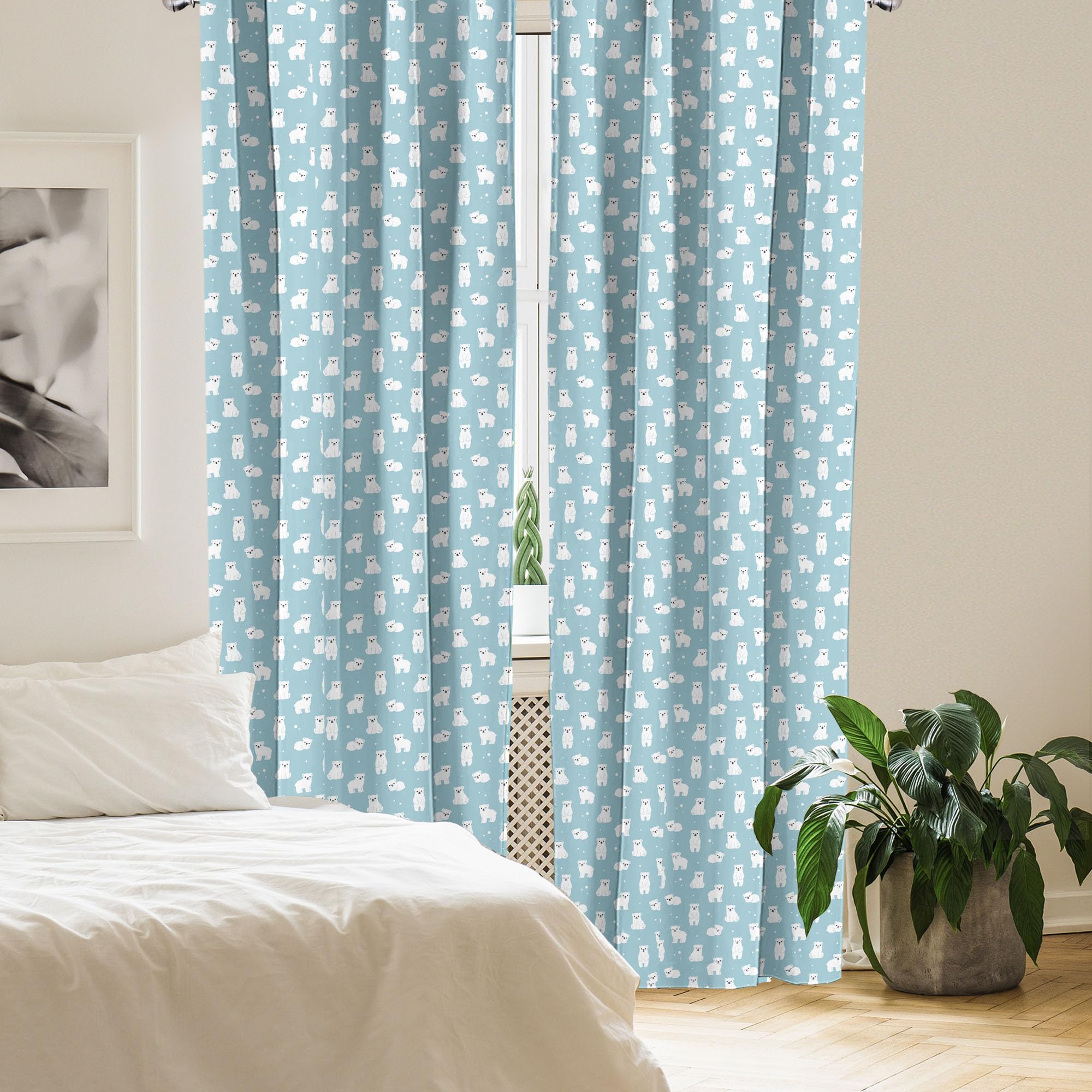 Ambesonne Bear Window Curtains, Cartoon Style Polar Bear Cubs on Sea Inspired Backdrop Arctic Wildlife, Lightweight Decor 2-Panel Set with Rod Pocket, Pair of - 28" x 63", Turquoise Blue