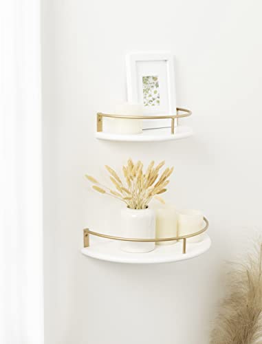 Kate and Laurel Camryn Boho Half Moon Wall Shelf Set, Set of 2, White and Gold, Decorative Bohemian Half Circle Shelf for Household Storage and Boho Decor