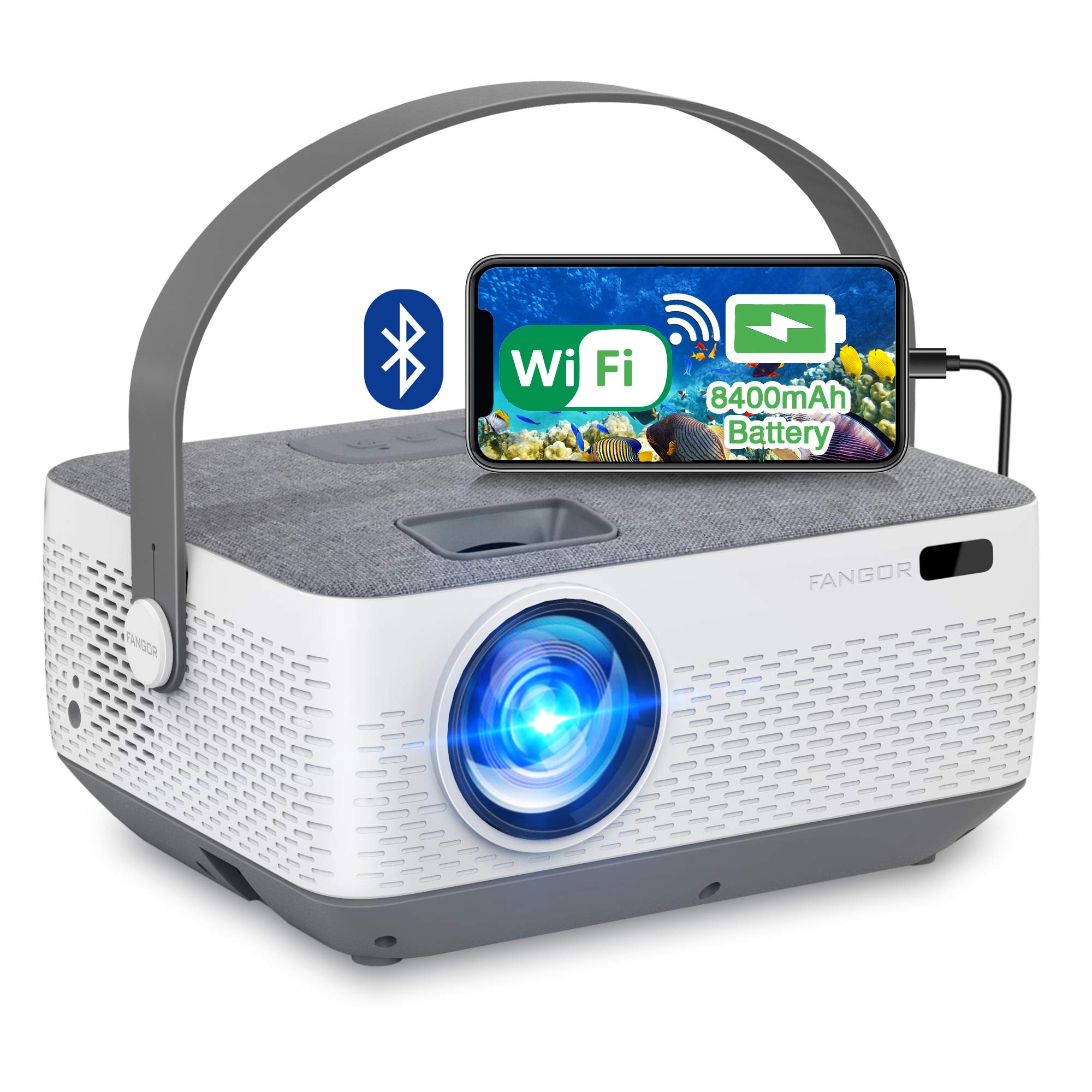 WiFi Projector Bluetooth 8400mAh Battery, Rechargeable Portable Home Projector, FANGOR 1080P Supported Movie Projector with Sync Smartphone Screen via WiFi/USB Cable, Compatible with iPhone, Laptop