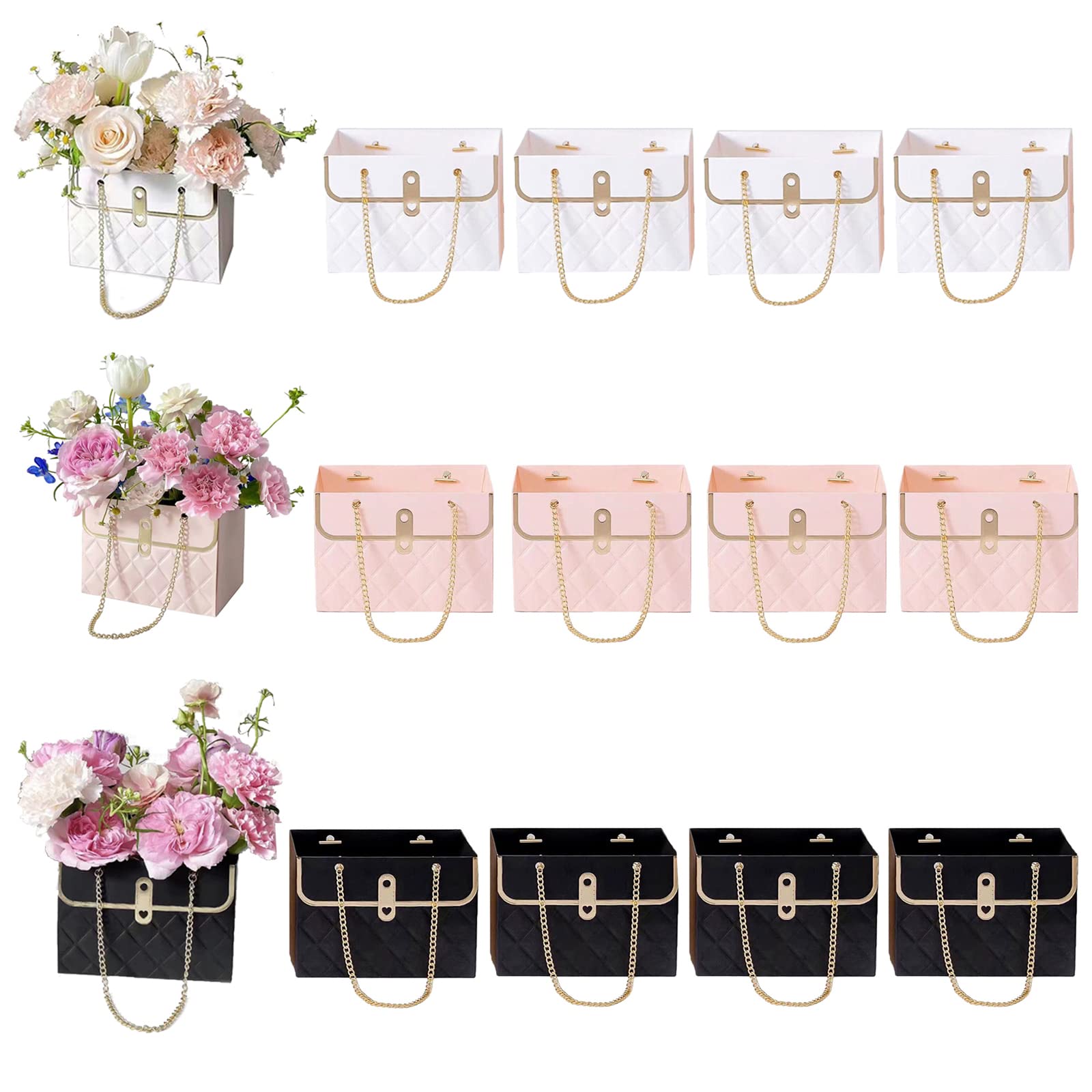MIFOR 5PCs Paper Flower Gift Bags Bouquet Bags Box with Handle Florist Bag Handbag Gift Case Wedding Valentine's Day Gift Wrap Bags (Pink+White+Black 15pcs)