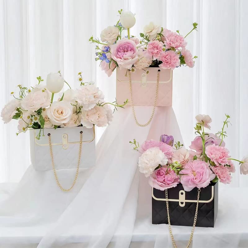 MIFOR 5PCs Paper Flower Gift Bags Bouquet Bags Box with Handle Florist Bag Handbag Gift Case Wedding Valentine's Day Gift Wrap Bags (Pink+White+Black 15pcs)