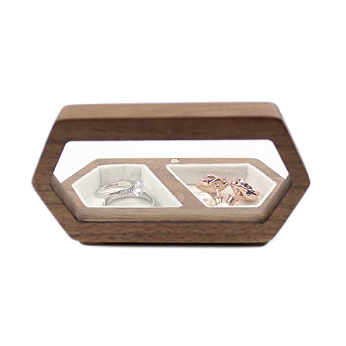 DSHOM Wooden Ring Box Transparent Lid Couple Rings Box for Engagement Wedding Box Two Slots White Velvet Small Jewelry Box for Stud Earrings Bracelet Necklace
