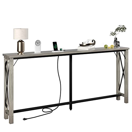IDEALHOUSE Sofa Tables Narrow Long, Extra Long Console Table with Outlets, 73.2" Behind Couch Table, Grey Farmhouse Entryway Table for Living Room, Hallway, Foyer