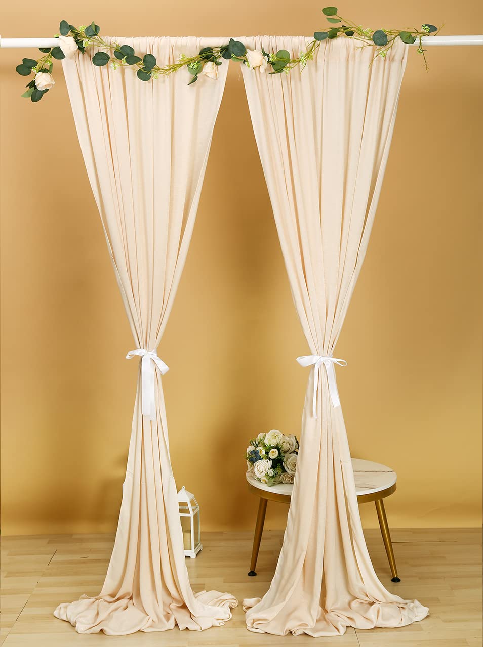 SHERWAY 9.6 Feet x 10 Feet Cream Beige Silky Soft Curtain Wedding Backdrop Drapes, Slightly Shiny Satiny Window Curtains for Party Ceremony Decoration