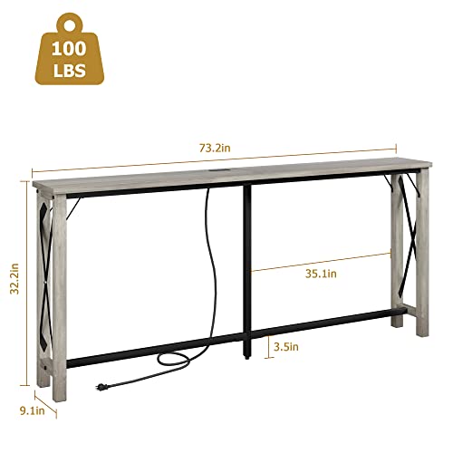 IDEALHOUSE Sofa Tables Narrow Long, Extra Long Console Table with Outlets, 73.2" Behind Couch Table, Grey Farmhouse Entryway Table for Living Room, Hallway, Foyer