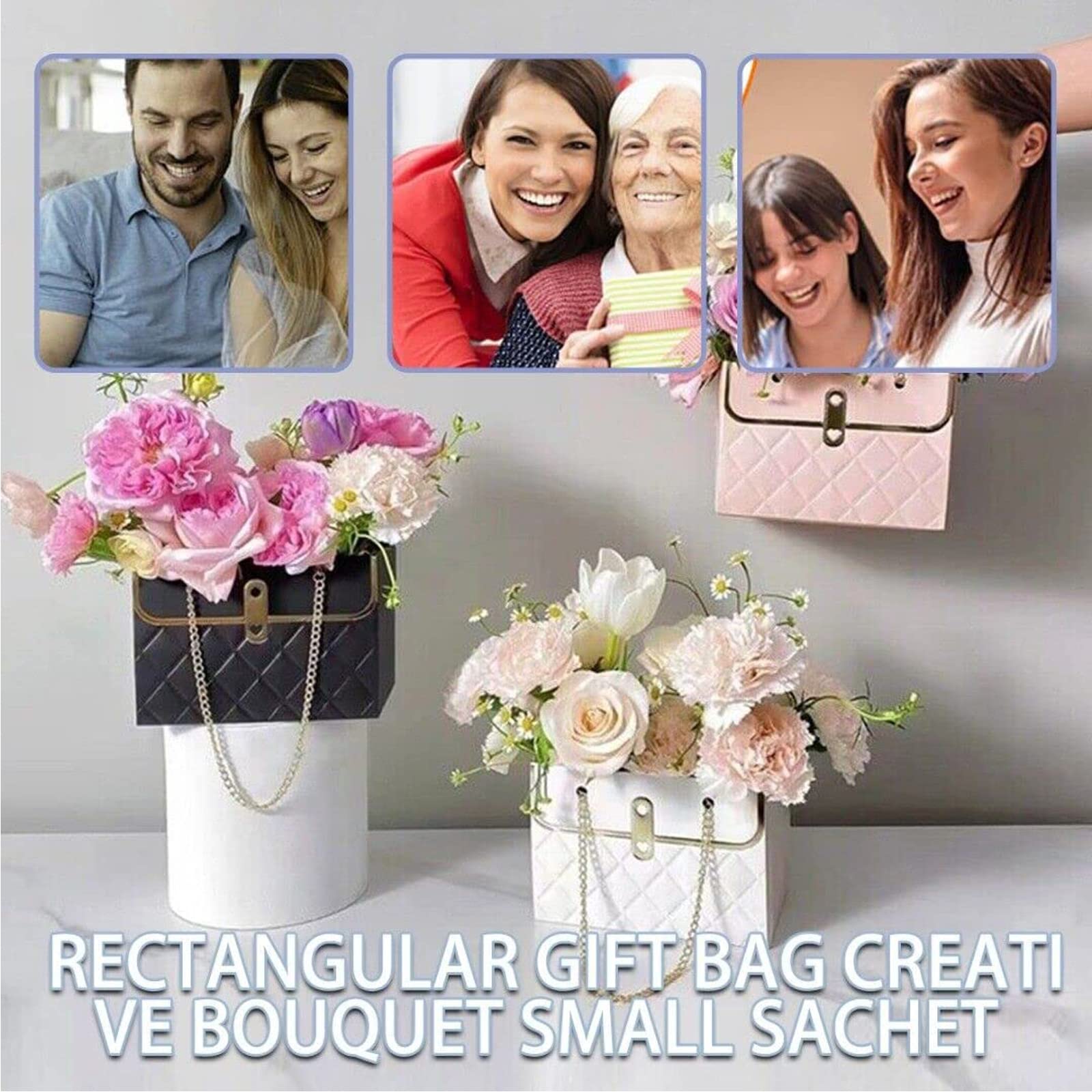 MIFOR 5PCs Paper Flower Gift Bags Bouquet Bags Box with Handle Florist Bag Handbag Gift Case Wedding Valentine's Day Gift Wrap Bags (Pink+White+Black 15pcs)