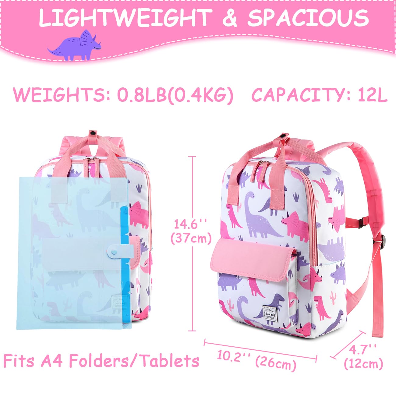 VASCHY Dinosaur Backpacks Girls, Lightweight Toddler Kids Preschool Backpack for Children