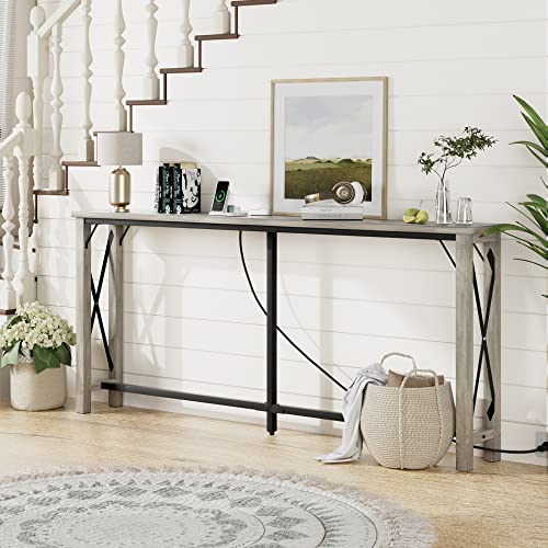 IDEALHOUSE Sofa Tables Narrow Long, Extra Long Console Table with Outlets, 73.2" Behind Couch Table, Grey Farmhouse Entryway Table for Living Room, Hallway, Foyer