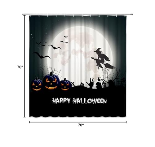 PZMPZM Halloween Shower Curtain Witch Pumpkin Lanterns Full Moon Tombstone Bats Crow Pattern Party Backdrop Cloth Bathroom Polyester Fabric Curtains with Hooks 70Wx70H inch