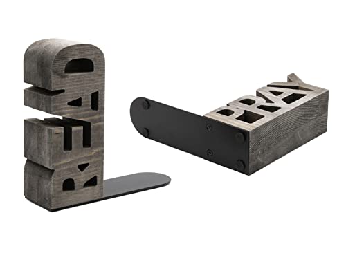 OwlGift Rustic Gray Wood Read & Pray Block Word Bookends, Unique Appearance Design, Home Office Decorative Book Stand, 1 Pair