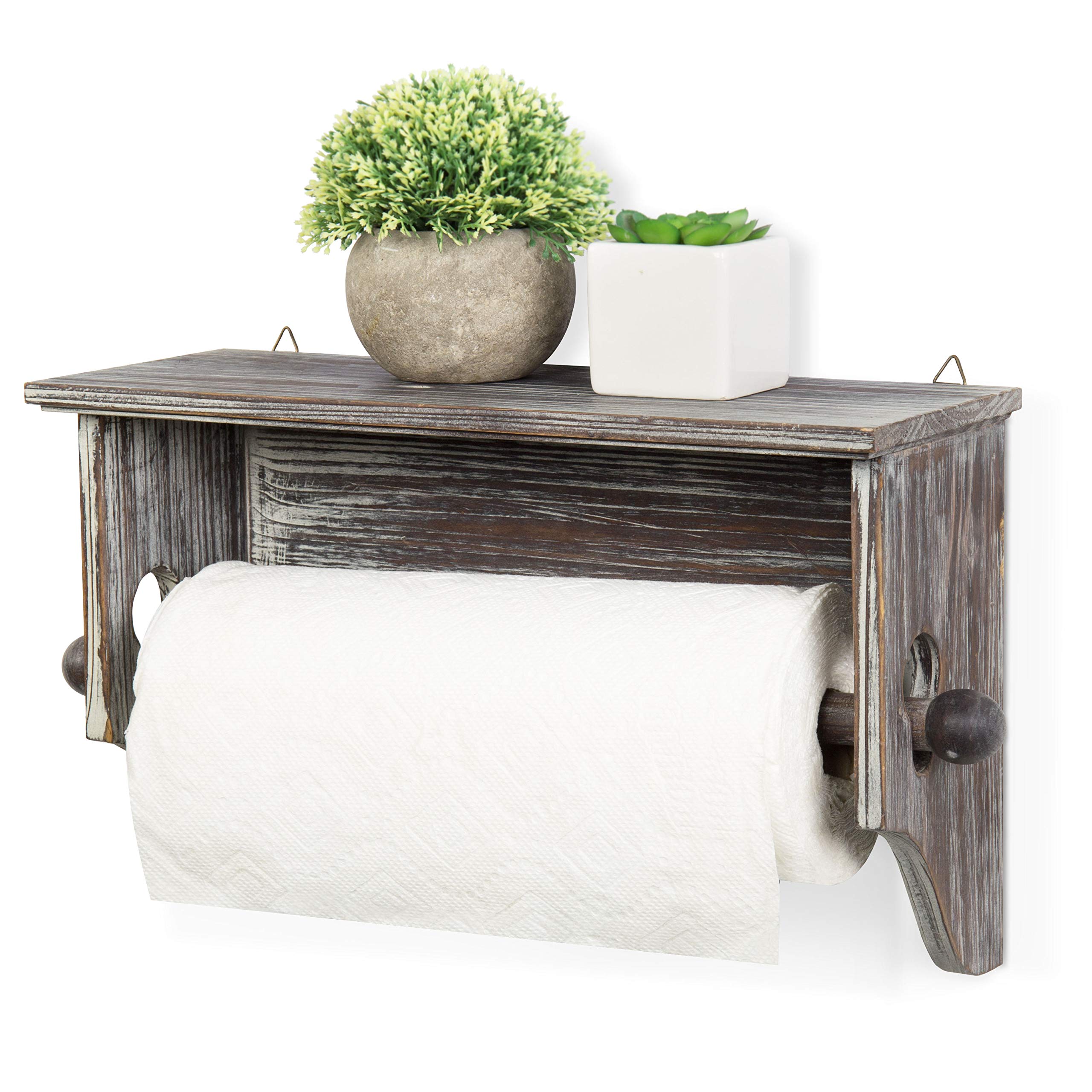 MyGift Wall Mounted Solid Torched Wood Paper Towel Roll Holder with Display Storage Shelf, Kitchen Hand Towel Bar with Top Storage Spice Rack