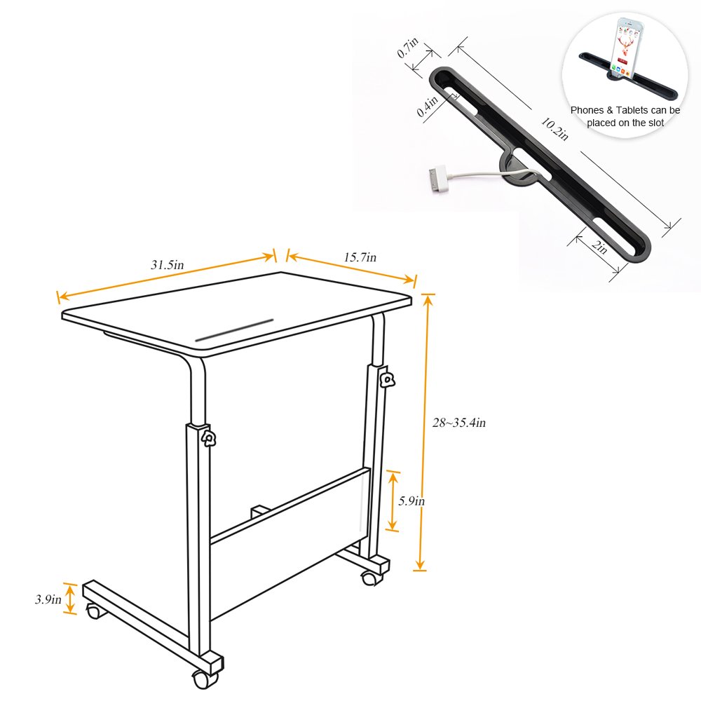 Rolling Laptop Stands Desk Cart Height Adjustable, soges 31.5 inches Mobile Sofa Side Table with Tablet Slot, Portable Standing Laptop Table, Small C Table for Couch Bed Sofa, Black, ZS-05-3-80B