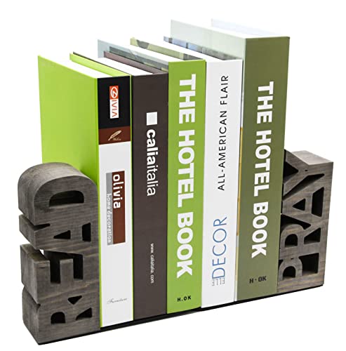 OwlGift Rustic Gray Wood Read & Pray Block Word Bookends, Unique Appearance Design, Home Office Decorative Book Stand, 1 Pair