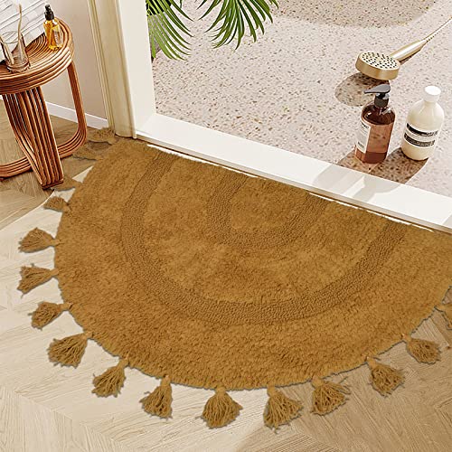 Cute Bathroom Rug Tufted Cotton Rug with Tassels Hand Woven Cotton Mat Washable Area Rug for Entryway Bedroom Laundry Living Room - 19.7"x31.5", Brown