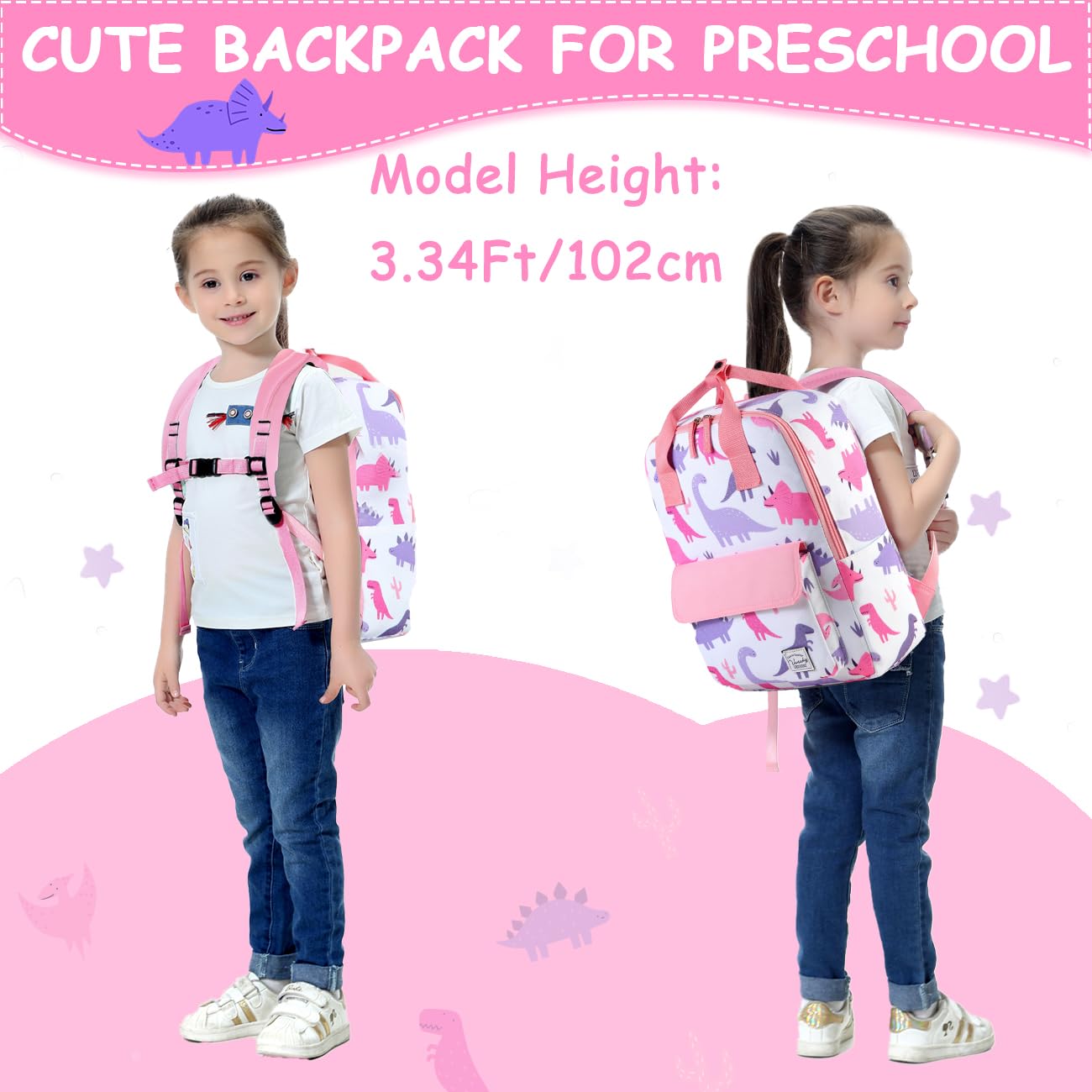 VASCHY Dinosaur Backpacks Girls, Lightweight Toddler Kids Preschool Backpack for Children