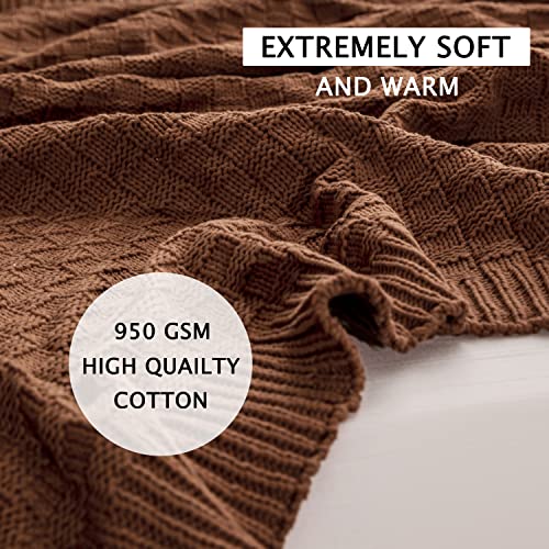 HT&PJ Knit Throw Blanket Cotton Throw Blanket with Tassels Super Soft Warm Cozy Solid Decorative Blanket for Bed, Sofa, Couch, Living Room All Seasons-Caramel, 50"×70"