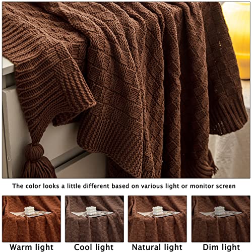 HT&PJ Knit Throw Blanket Cotton Throw Blanket with Tassels Super Soft Warm Cozy Solid Decorative Blanket for Bed, Sofa, Couch, Living Room All Seasons-Caramel, 50"×70"
