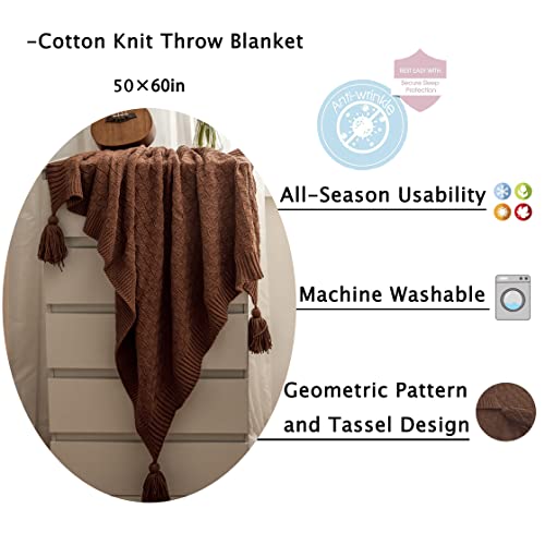 HT&PJ Knit Throw Blanket Cotton Throw Blanket with Tassels Super Soft Warm Cozy Solid Decorative Blanket for Bed, Sofa, Couch, Living Room All Seasons-Caramel, 50"×70"