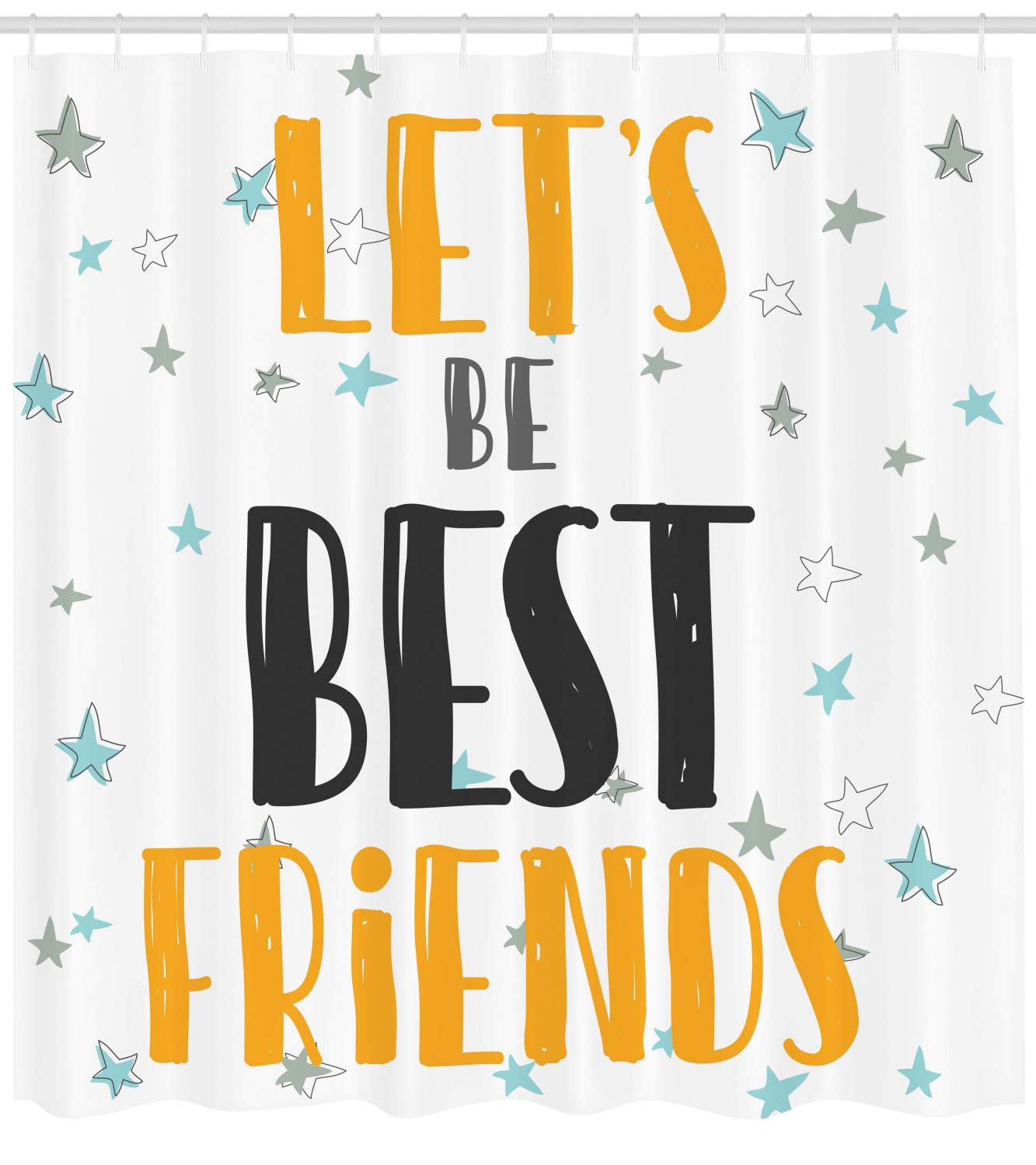 Ambesonne Best Friend Shower Curtain, Long Bold Font with Pastel Cold Toned Stars on The Backdrop Let's Be Friends, Cloth Fabric Bathroom Decor Set with Hooks, 105" Extra Wide, White Orange