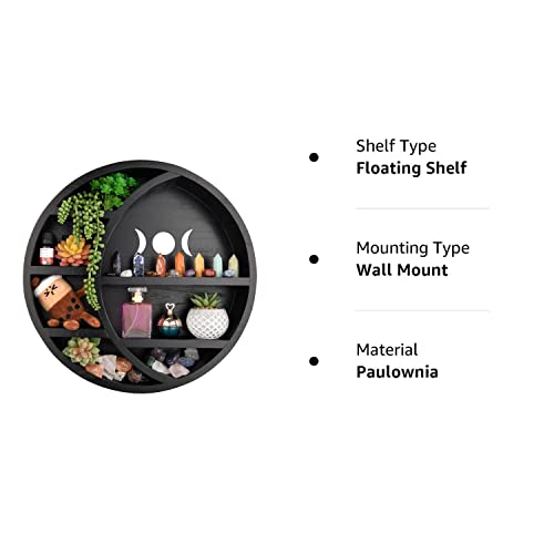 The Poppy Store Large 17" Moon Shelf β Ideal for Crystal Decor, Essential Oils, Witchy Room, and Boho Art Display - Decorative Crystals Wall Shelf - Easy Mount - Paulownia Wood β Black