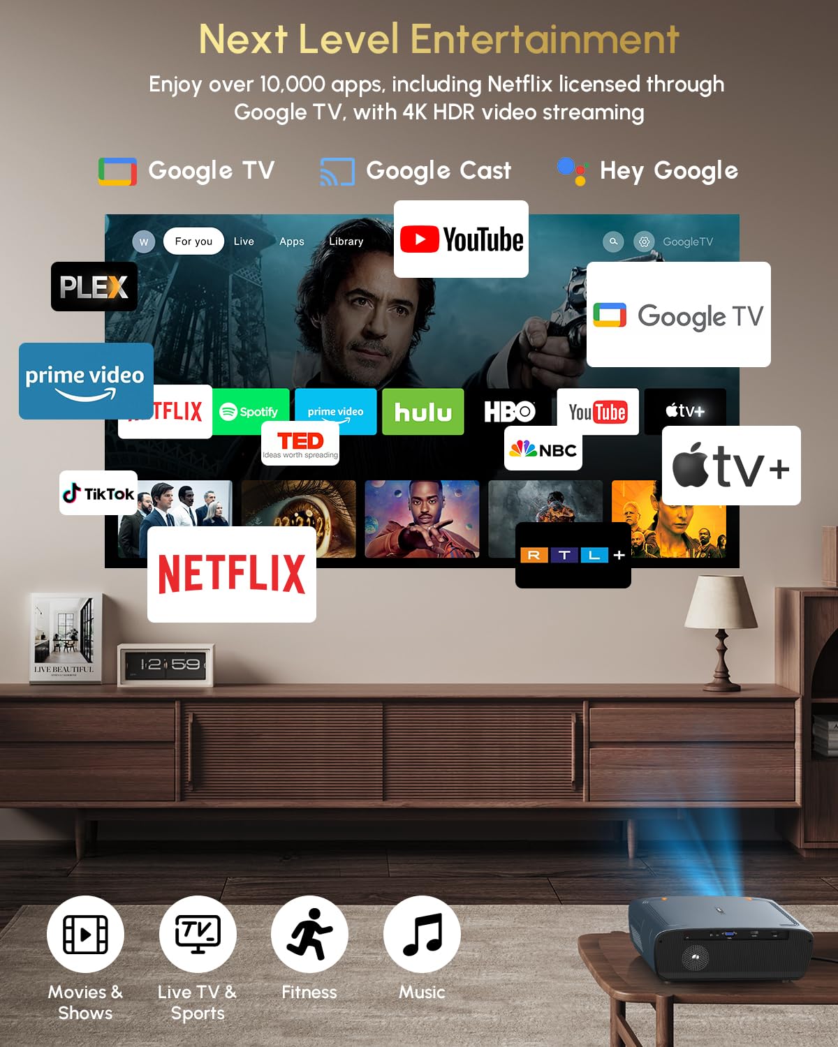 HD Smart Wi-Fi Portable Projector Android 5000+ Apps, 7000Lumen LCD Bluetooth Movie Projectors Home Entertainmen,Compatible with HDMI USB VGA Netflix Prime Video Wireless Cast Smartphone Projector