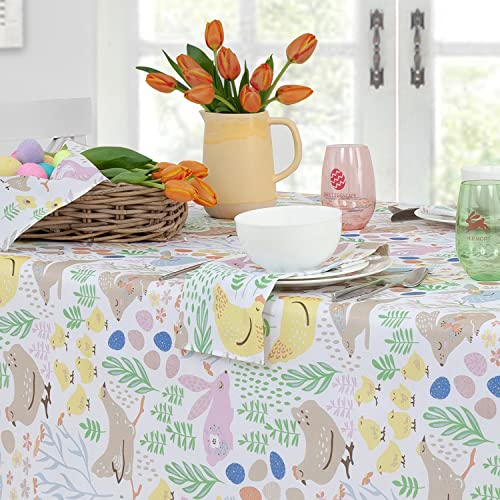 Home Bargains Plus Easter Fun Fabric Tablecloth, Bunny Rabbit, Easter Egg and Chicks Print Stain and Wrinkle Resistant Spring Tablecloth, 52β x 52β Square