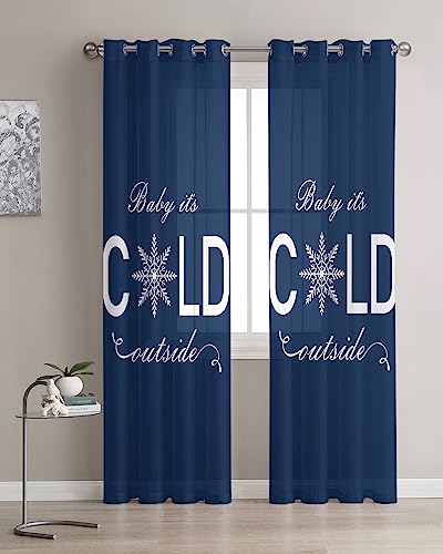 Christmas Sheer Curtains for Bedroom Living Room Sliding Door Curtains 36 inches Long, Voile Kitchen Curtain with Grommet Privacy Window Drape, 1 Panel Cold Winter Snowflakes Blue Backdrop