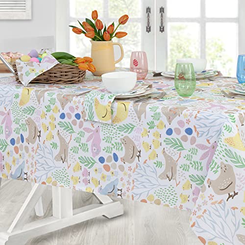Home Bargains Plus Easter Fun Fabric Tablecloth, Bunny Rabbit, Easter Egg and Chicks Print Stain and Wrinkle Resistant Spring Tablecloth, 52β x 52β Square