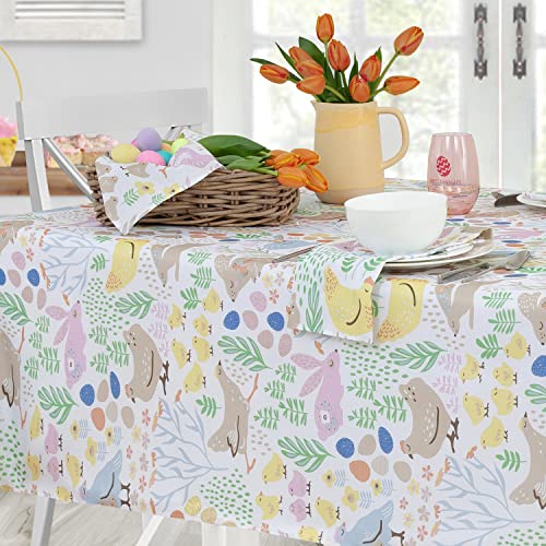 Home Bargains Plus Easter Fun Fabric Tablecloth, Bunny Rabbit, Easter Egg and Chicks Print Stain and Wrinkle Resistant Spring Tablecloth, 52β x 52β Square