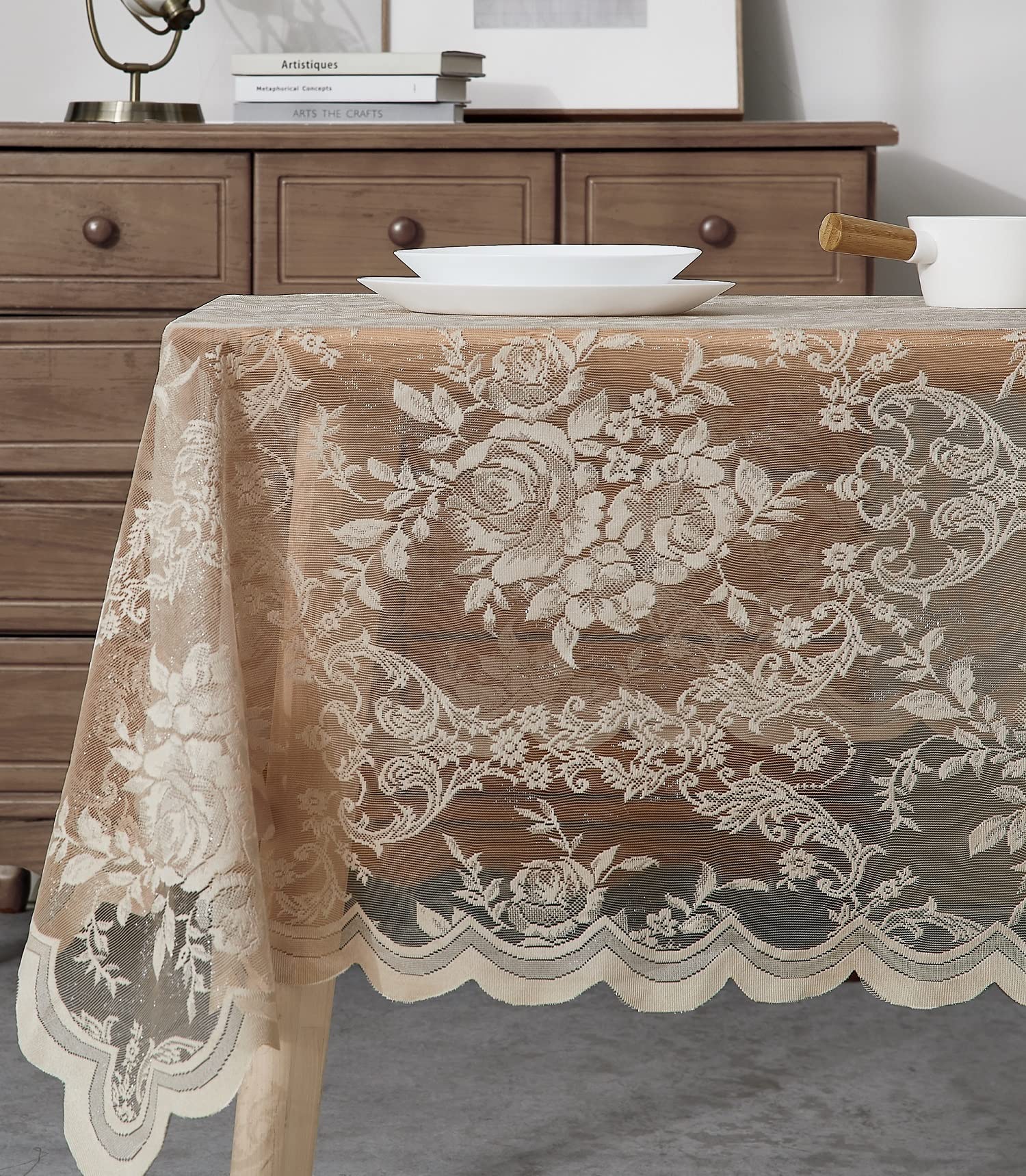 Warm Home Designs 60 x 84 Lace Tablecloth. Gold Linen Rectangle Tablecloth with English Rose Design. Rectangular Tablecloth, Rustic Tablecloth or Dining Table Cover for 6-8 Guests. LTC Linen 84"