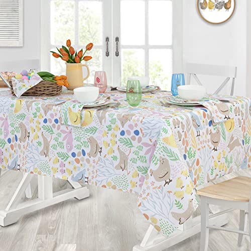 Home Bargains Plus Easter Fun Fabric Tablecloth, Bunny Rabbit, Easter Egg and Chicks Print Stain and Wrinkle Resistant Spring Tablecloth, 52β x 52β Square