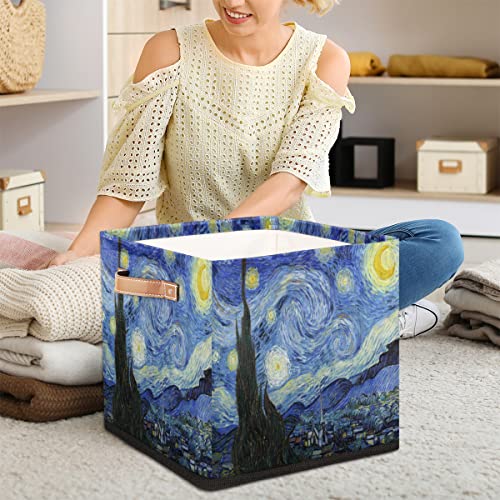 Starry Sky Large Collapsible Storage Bins,Art Decorative Canvas Fabric Storage Boxes Organizer with Handles,Cube Square Baskets Bin for Home Shelves Closet Nursery Gifts