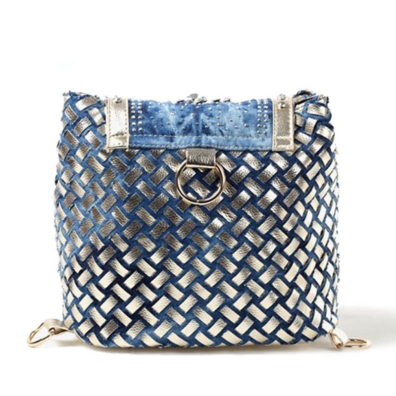 Alice Fan Denim Bag Jeans Tote Bag Fashion Women Handbag Multifunctional Backpack Shoulder Bag with Diamond and Tassel (Gold)