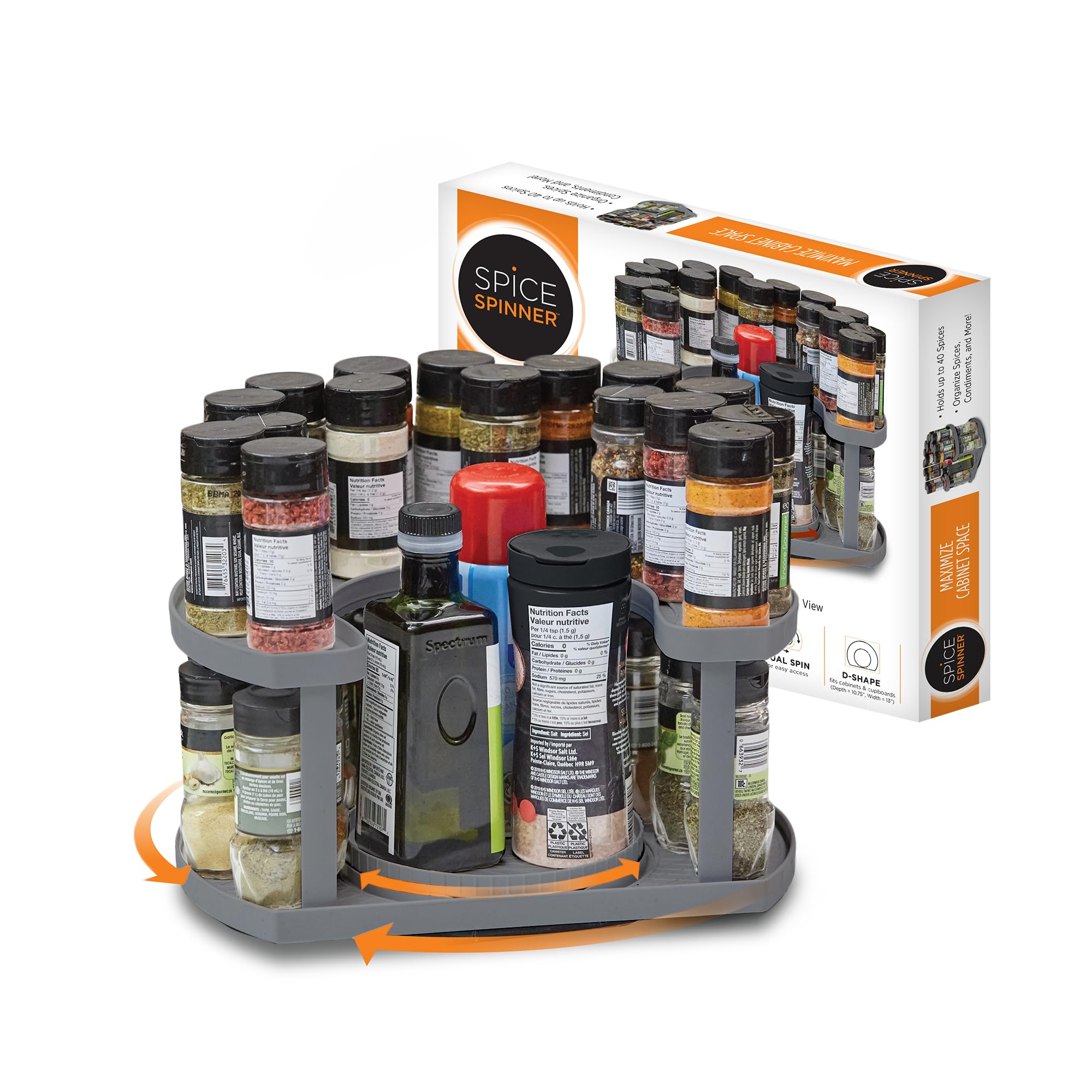 Stow-n-Spin Spice Rack Organizer for Cabinet 2 Tier Lazy Susan Organizer Holds 40 Spice Jars with Double Spinner on Bottom Spice Shelf for Kitchen Pantry Organization and Storage Made in USA