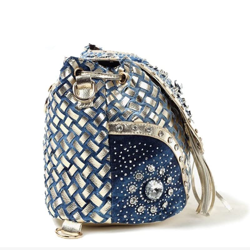 Alice Fan Denim Bag Jeans Tote Bag Fashion Women Handbag Multifunctional Backpack Shoulder Bag with Diamond and Tassel (Gold)
