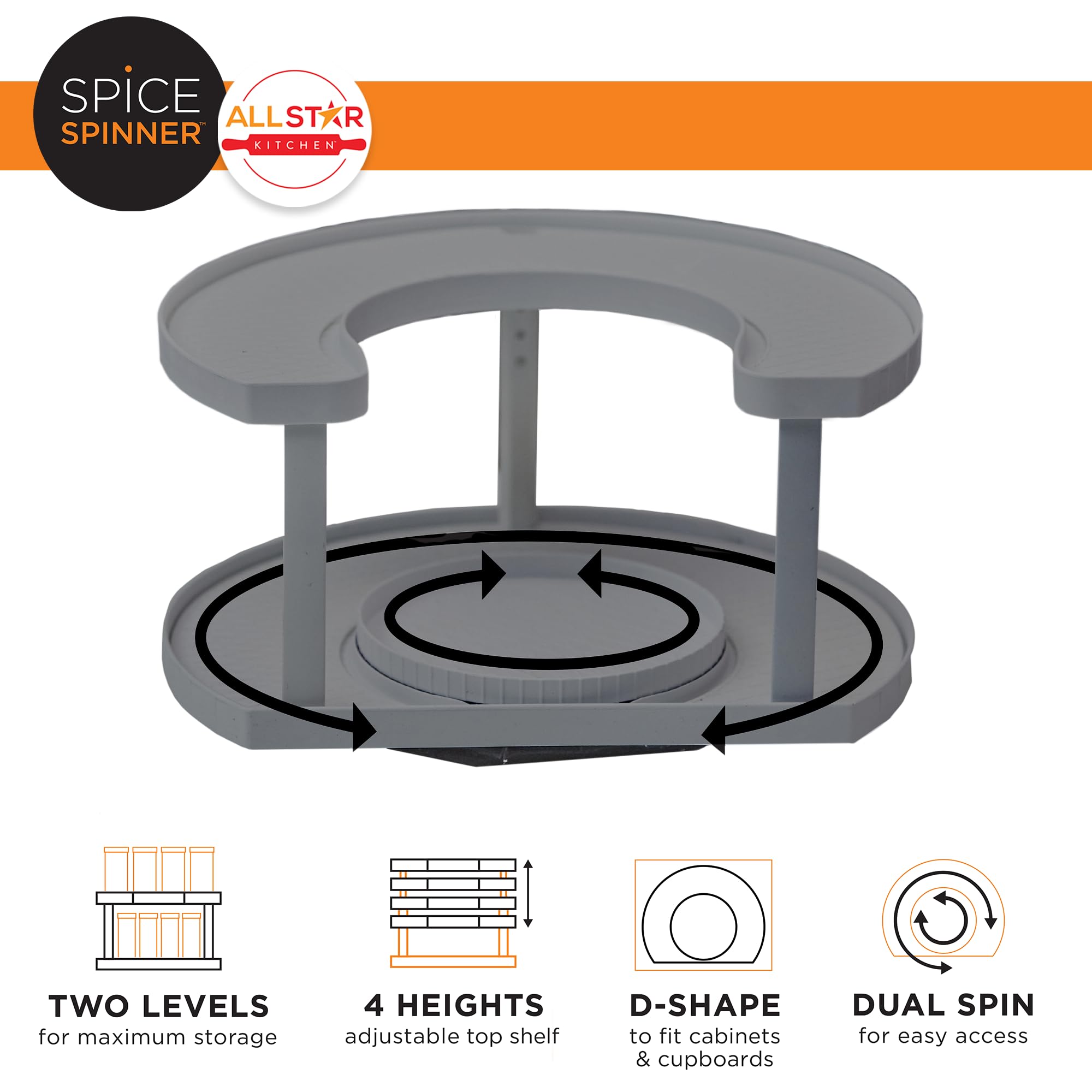 Stow-n-Spin Spice Rack Organizer for Cabinet 2 Tier Lazy Susan Organizer Holds 40 Spice Jars with Double Spinner on Bottom Spice Shelf for Kitchen Pantry Organization and Storage Made in USA