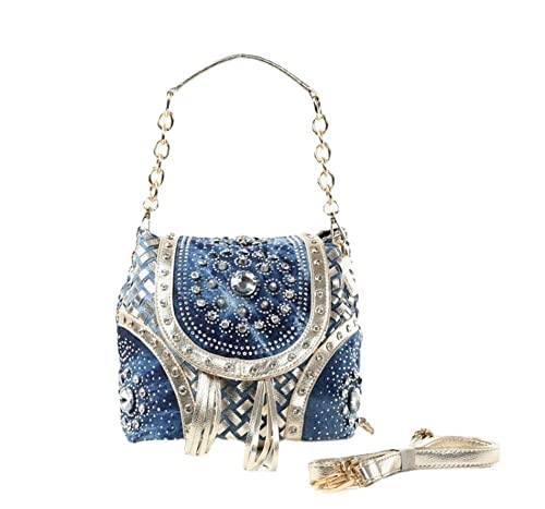 Alice Fan Denim Bag Jeans Tote Bag Fashion Women Handbag Multifunctional Backpack Shoulder Bag with Diamond and Tassel (Gold)