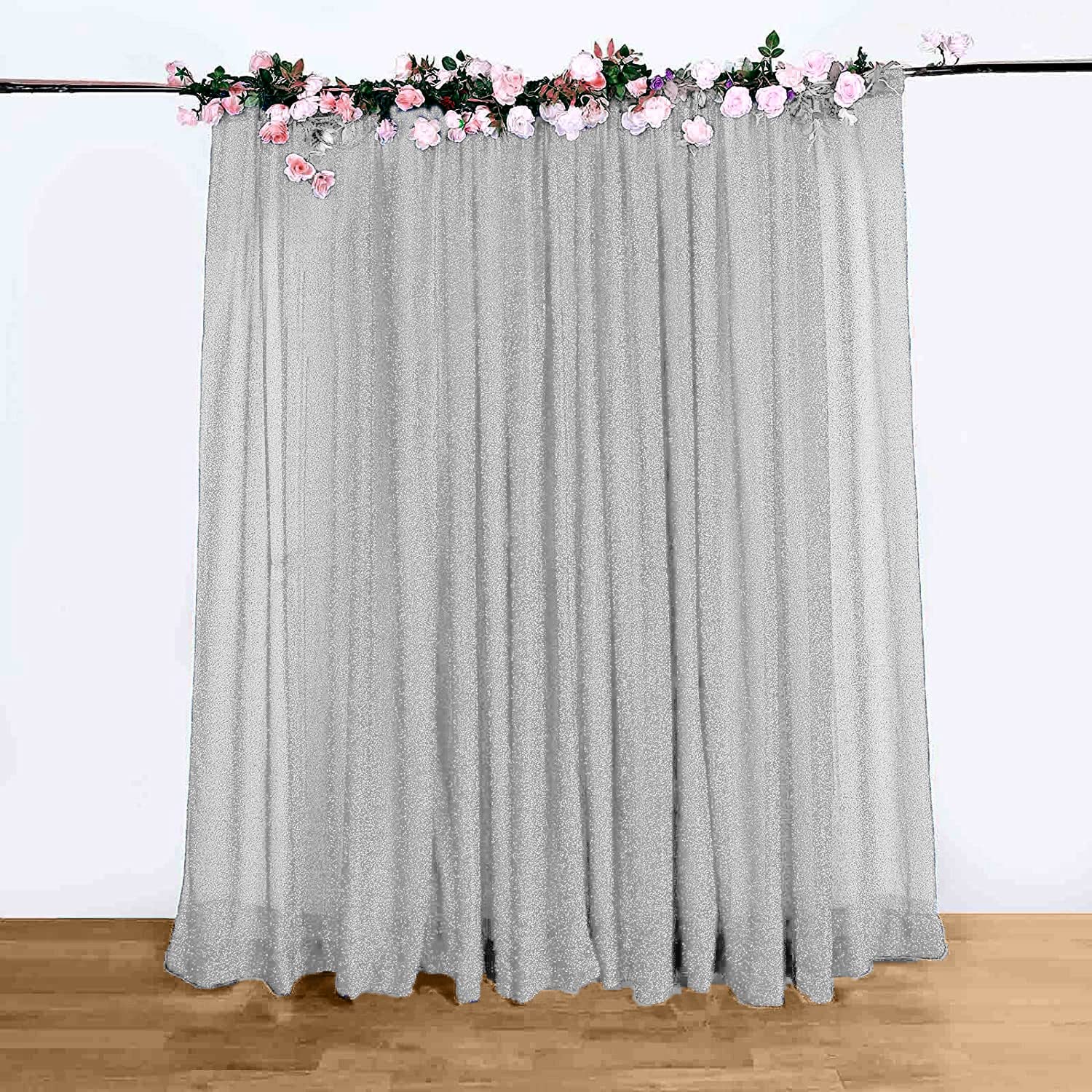 Hanha 2PC-5X10FT Silver Metallic Shiny Spandex Curtain Party Wedding Backdrop Photography Background Photo Booth Studio Background Home Party Supplies Christmas Decor (Silver)