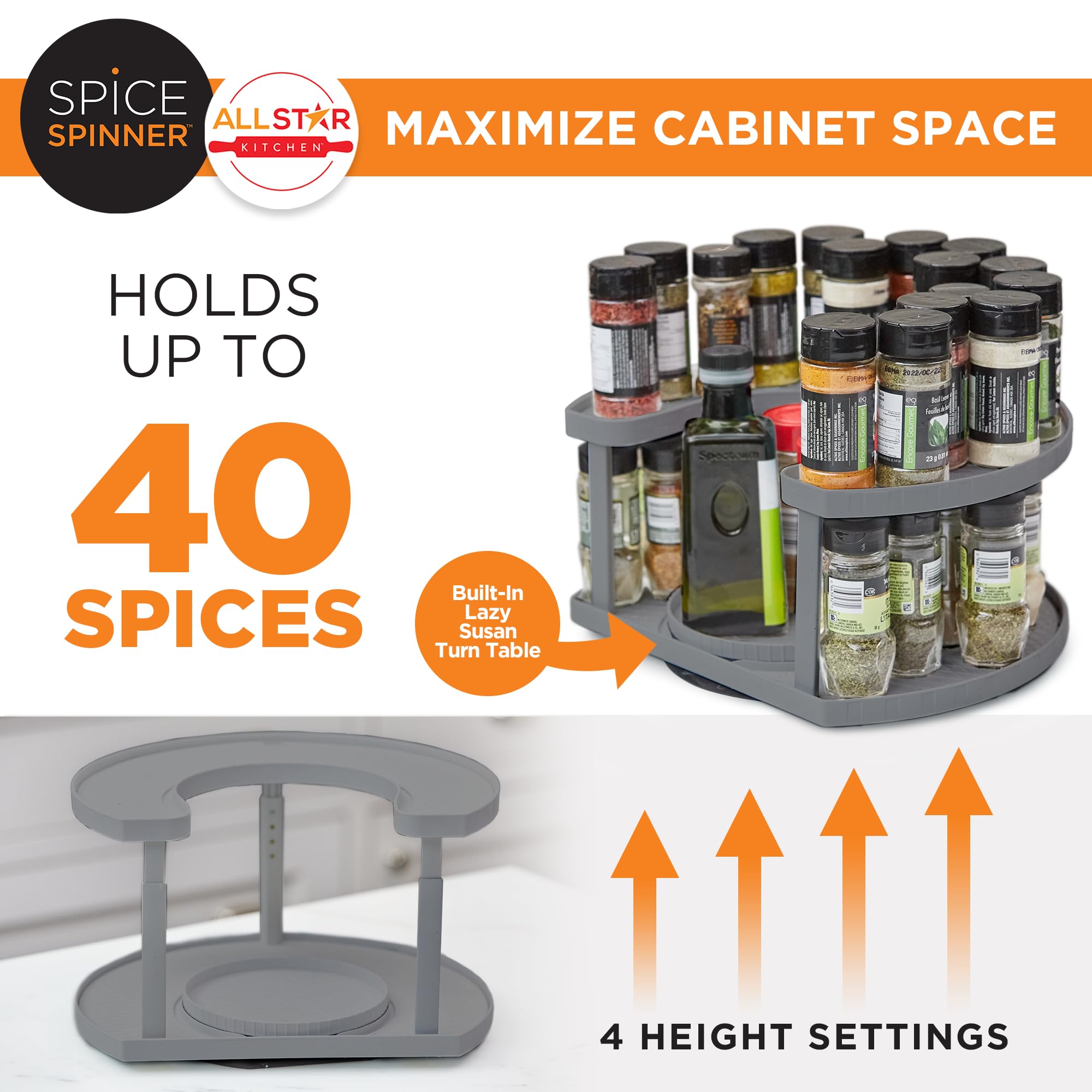 Stow-n-Spin Spice Rack Organizer for Cabinet 2 Tier Lazy Susan Organizer Holds 40 Spice Jars with Double Spinner on Bottom Spice Shelf for Kitchen Pantry Organization and Storage Made in USA