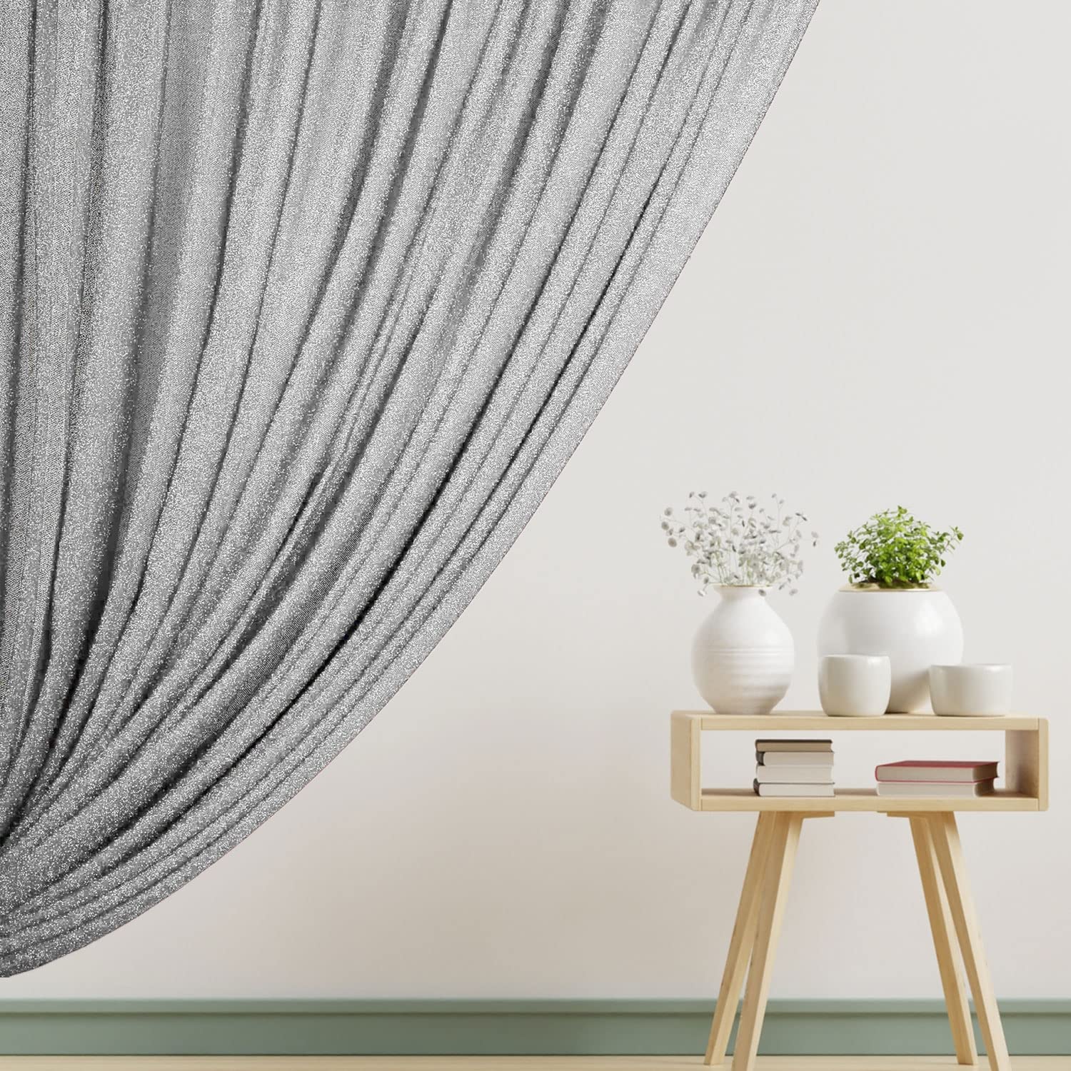 Hanha 2PC-5X10FT Silver Metallic Shiny Spandex Curtain Party Wedding Backdrop Photography Background Photo Booth Studio Background Home Party Supplies Christmas Decor (Silver)