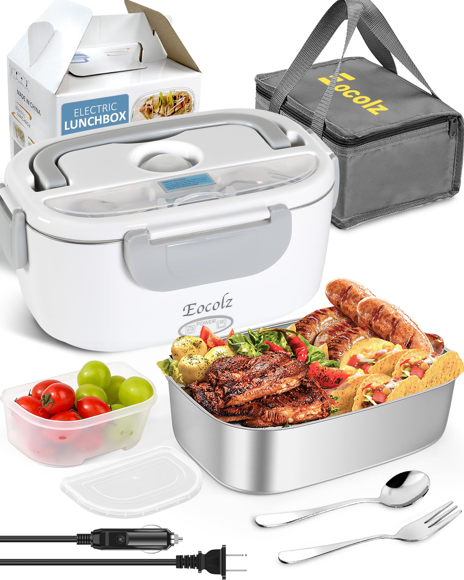Eocolz Electric Lunch Box Food Heater Warmer 60W, 2 in 1 Portable Lunch Box for Car Truck Home Work Leak Proof with 1.5L Removable 304 Stainless Steel Container & Spoon 2 Compartments 110V 12V 24V