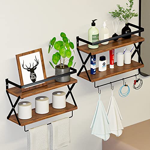 Neepiar Floating Shelves Bathroom Wall Shelf with Towel Bar Wall Shelves for Kitchen Living Room Bedroom Rustic Wood Wall Shelf with Protective Metal Guardrail Tissue Rack - Set of 2