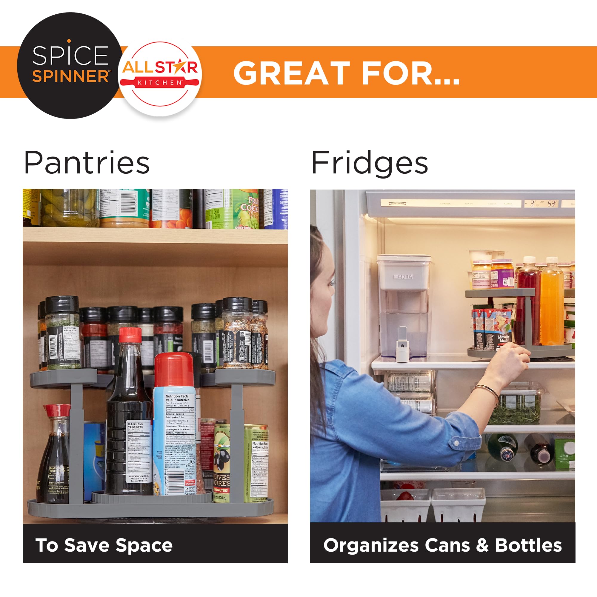 Stow-n-Spin Spice Rack Organizer for Cabinet 2 Tier Lazy Susan Organizer Holds 40 Spice Jars with Double Spinner on Bottom Spice Shelf for Kitchen Pantry Organization and Storage Made in USA